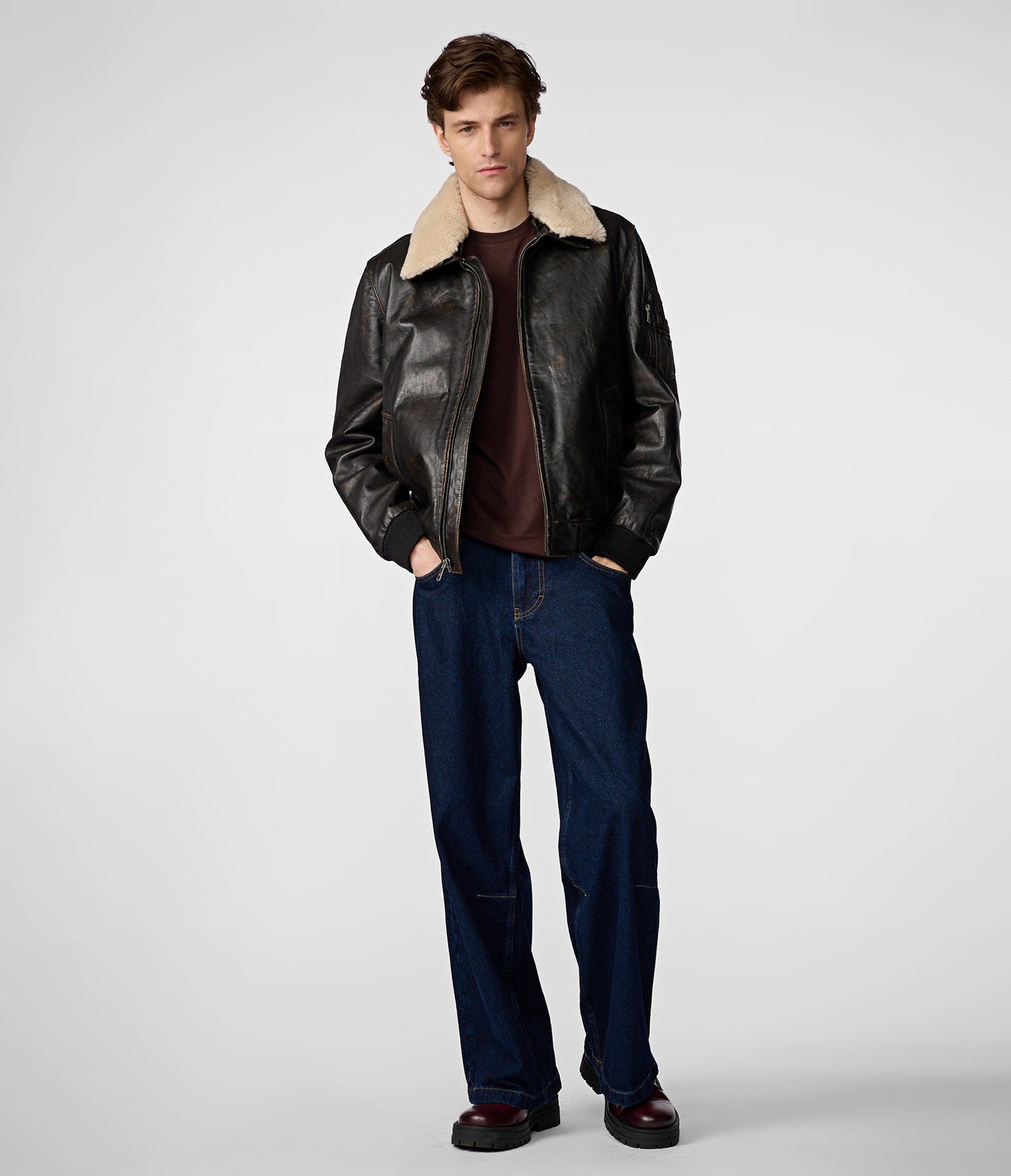 Jimmy Leather Aviator Bomber Jacket With Shearling Collar | Wilsons Leather